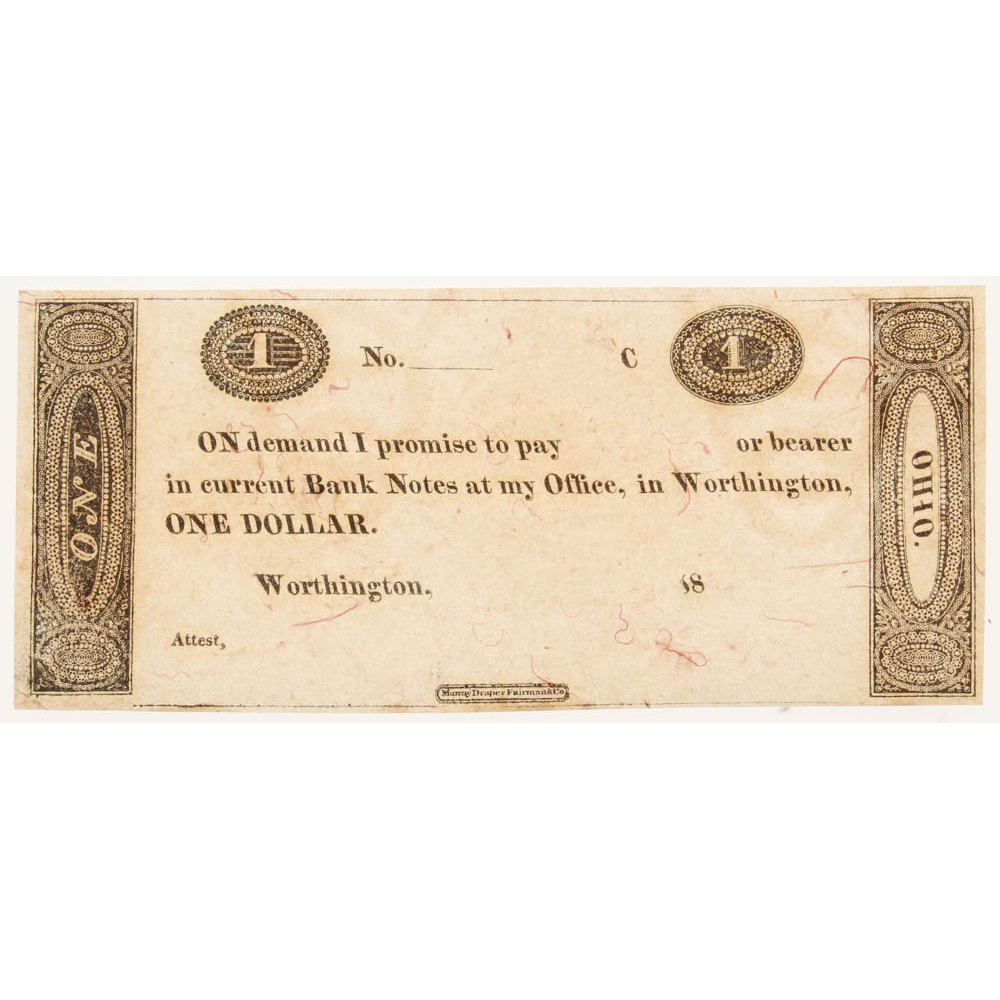 1800's Worthington, Ohio $1 One-Dollar Bank Note Bill (Crisp ...