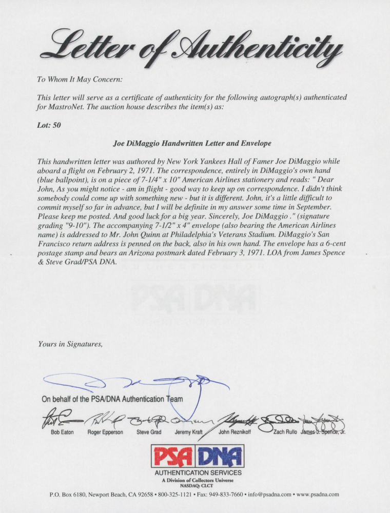 Joe DiMaggio Signed Hand-Written Letter with Envelope (PSA LOA ...