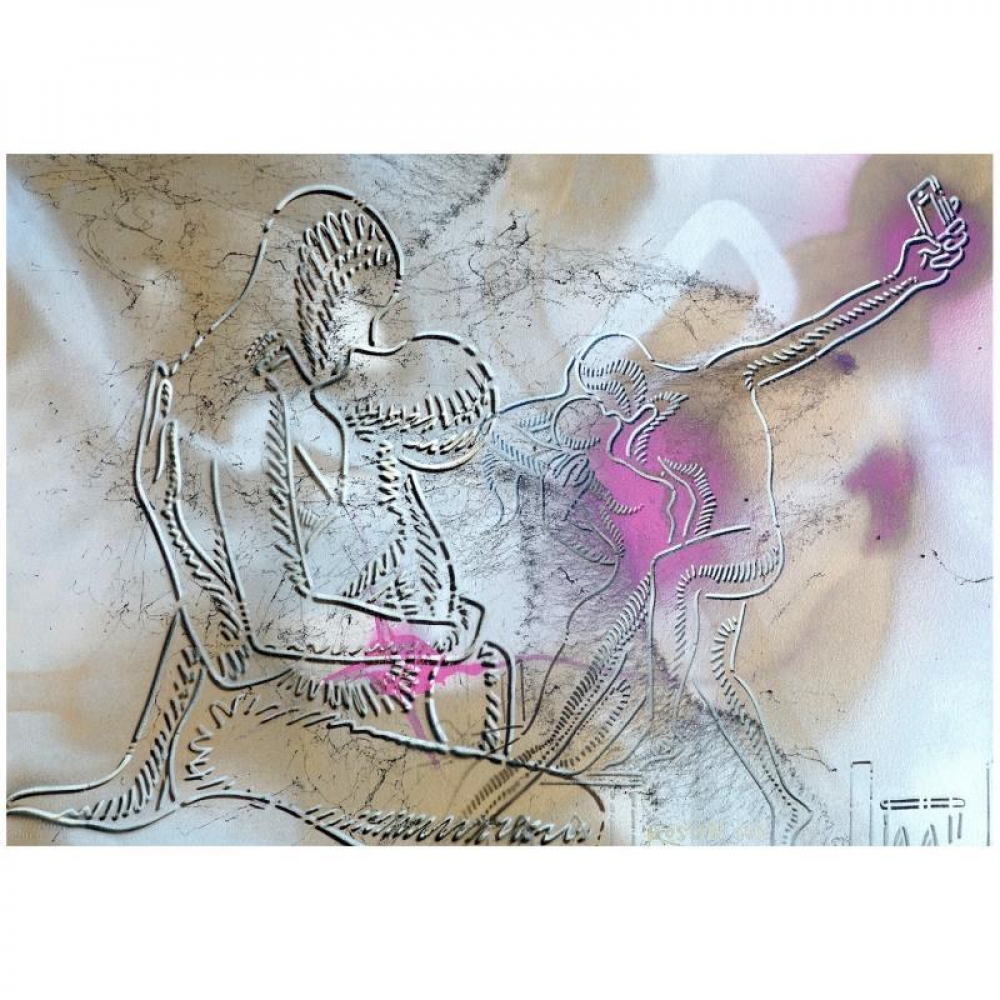 Mark Kostabi Signed "Kiss And Tell" 29x42 Mixed Media Original Painting ...