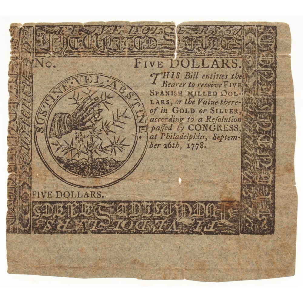 1778 $5 Five Dollars Continental Colonial Currency Note | Pristine Auction