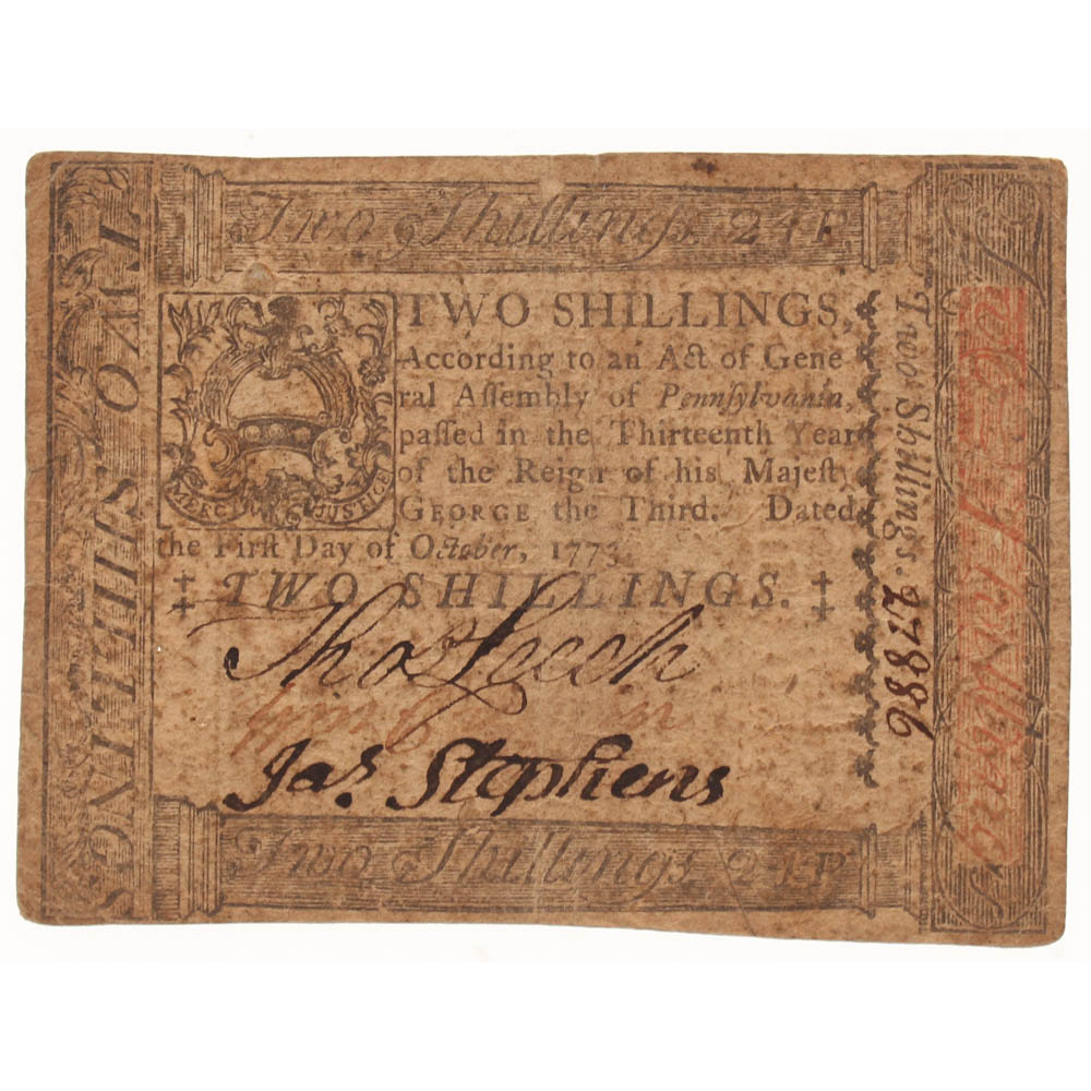1773 2s. Two-Shillings Pennsylvania Colonial Currency Note | Pristine ...