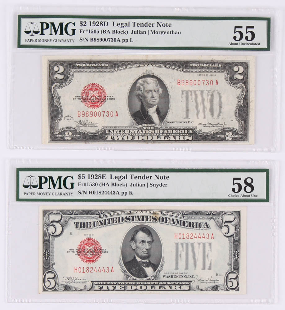 Lot of (2) PMG Graded 1928 U.S. Red Seal Bank Notes with $2 (PMG 55 ...