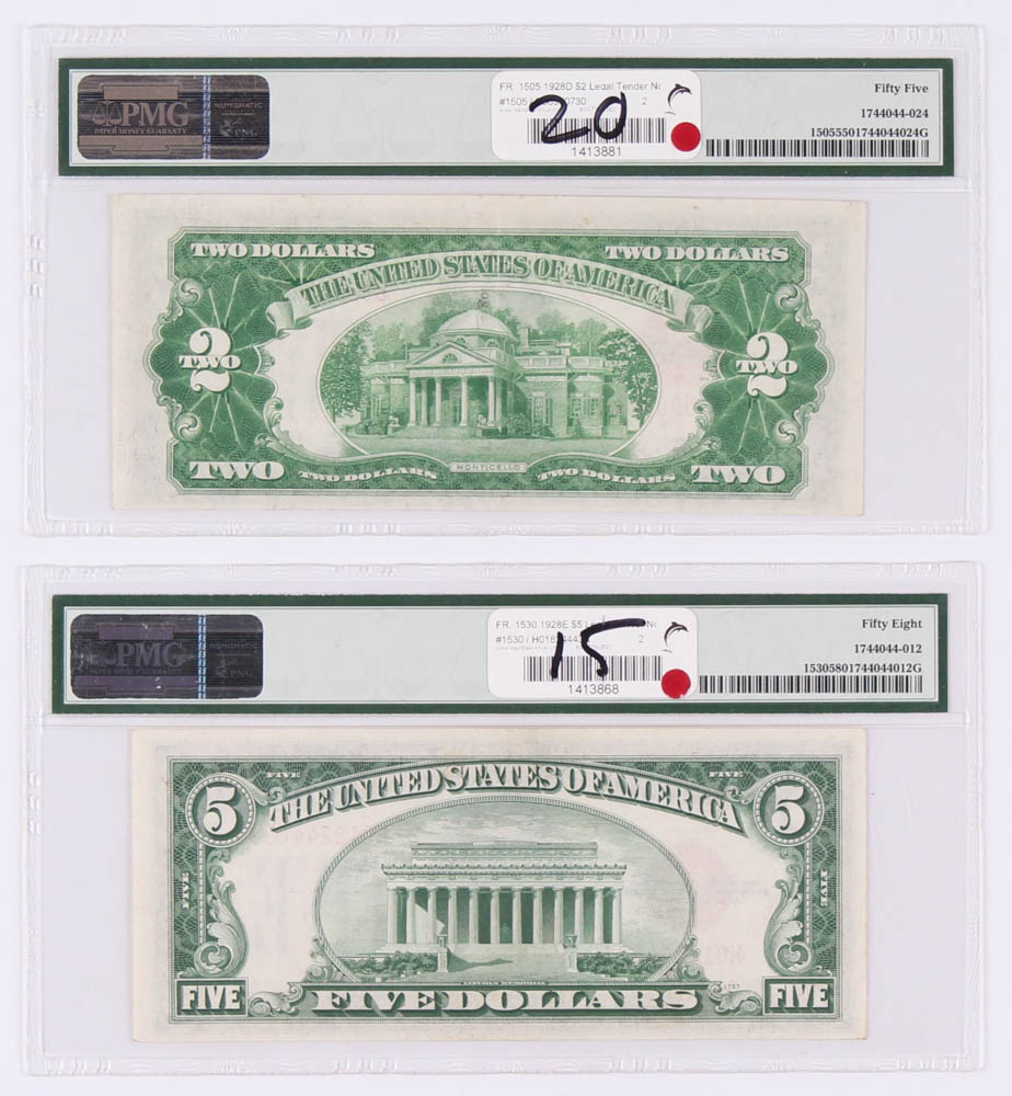 Lot of (2) PMG Graded 1928 U.S. Red Seal Bank Notes with $2 (PMG 55 ...