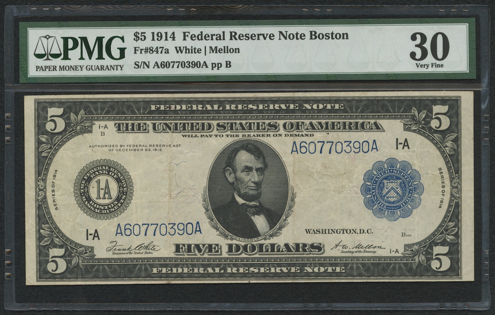 1914 $5 Five Dollars Federal Reserve Large Size Bank Note - Boston (PMG ...