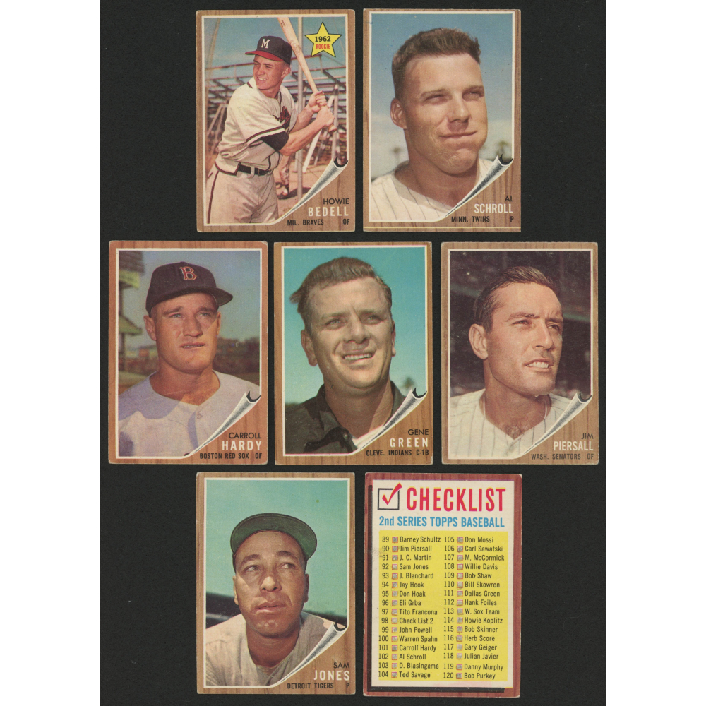Lot of (7) 1962 Topps Baseball Cards with #76 Howie Bedell, #102 Al ...