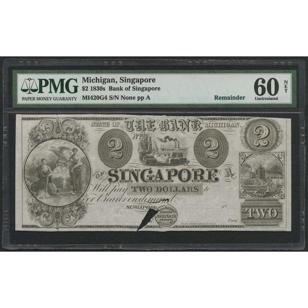 1830s $2 Two Dollars - Michigan, Singapore - Bank of Singapore - Bank ...