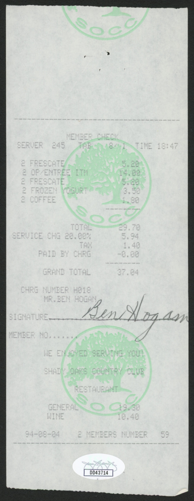 Ben Hogan Signed Shady Oaks Country Club Receipt (JSA COA) | Pristine ...
