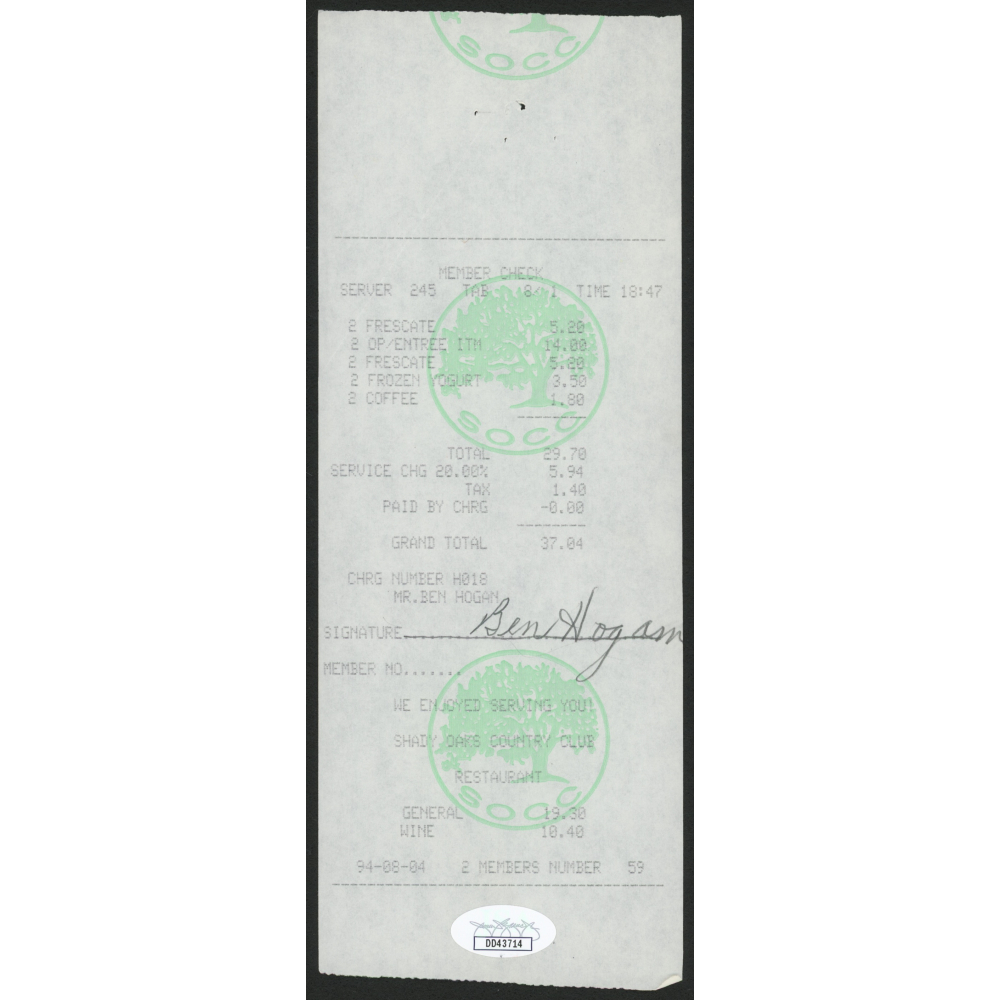 Ben Hogan Signed Shady Oaks Country Club Receipt (JSA COA) | Pristine ...