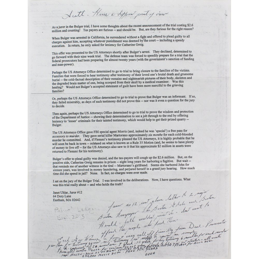 James "Whitey" Bulger Hand-Written Letter (Beckett LOA) | Pristine Auction