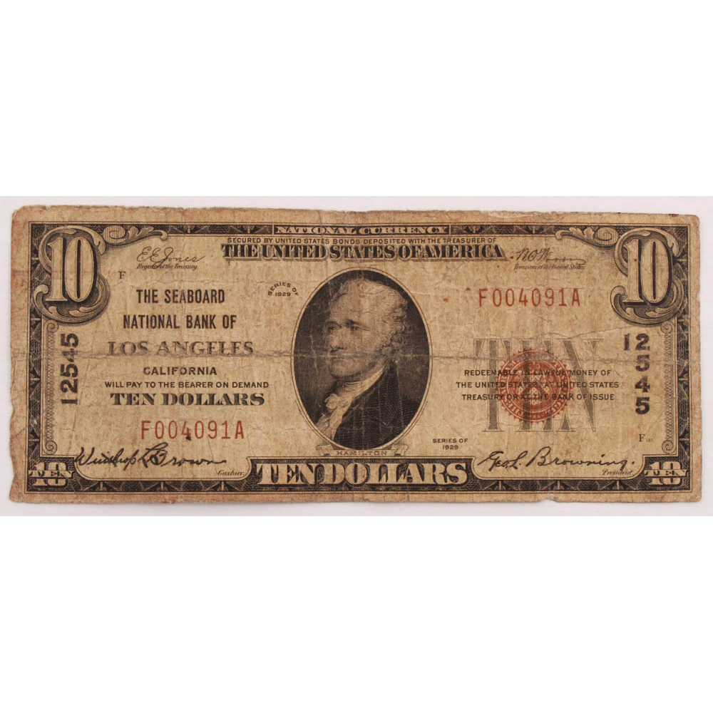 1929 $10 Ten-Dollar U.S. National Currency Bank Note with Brown Seal ...