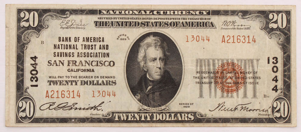 1929 $20 Twenty-Dollar U.S. National Currency Bank Note with Brown Seal ...