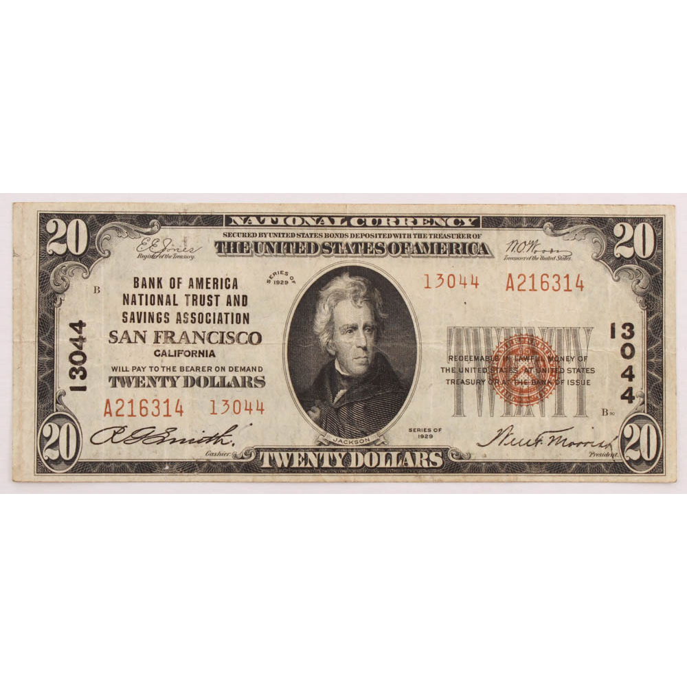 1929 $20 Twenty-Dollar U.S. National Currency Bank Note with Brown Seal ...