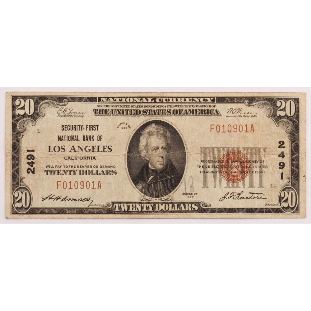 1929 $20 Twenty-Dollar U.S. National Currency Bank Note with Brown Seal ...