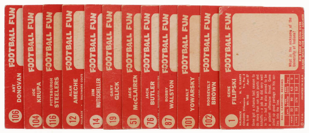Lot of (13) 1958 Topps Football Cards with #1 Gene Filipski, #102 ...