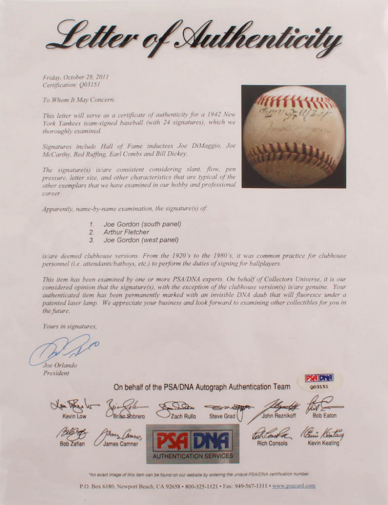 1942 New York Yankees OAL Baseball Signed by (24) with Joe DiMaggio ...