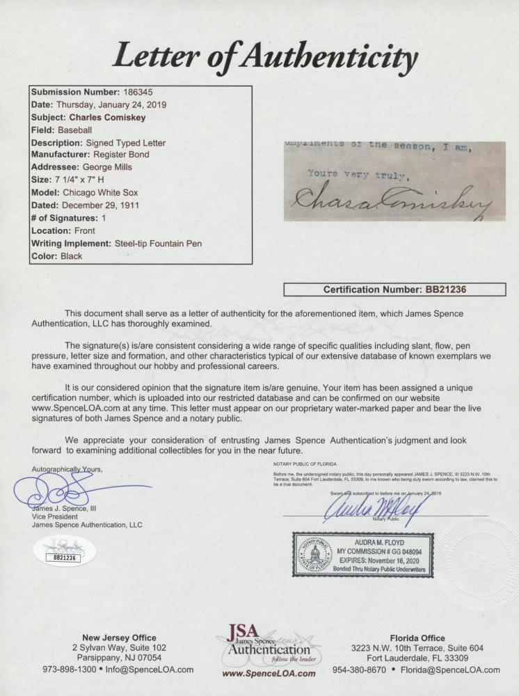 Charles Comiskey Signed Letter (JSA LOA) | Pristine Auction