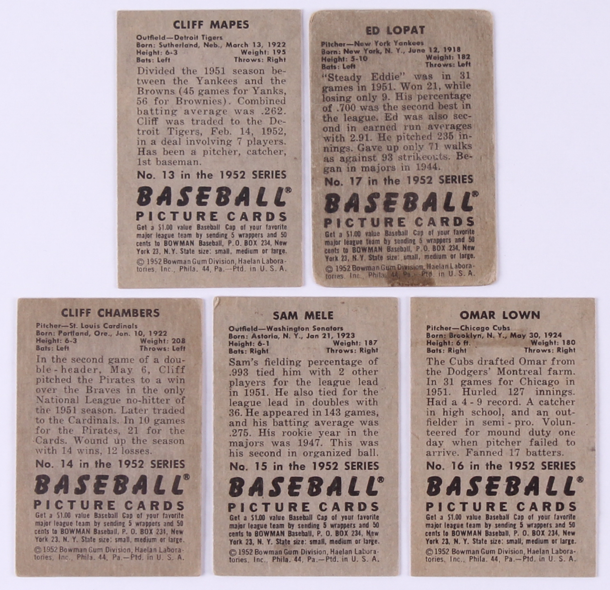 Lot of (18) 1952 Bowman Baseball Cards with #13 Cliff Maples, #14 Cliff ...
