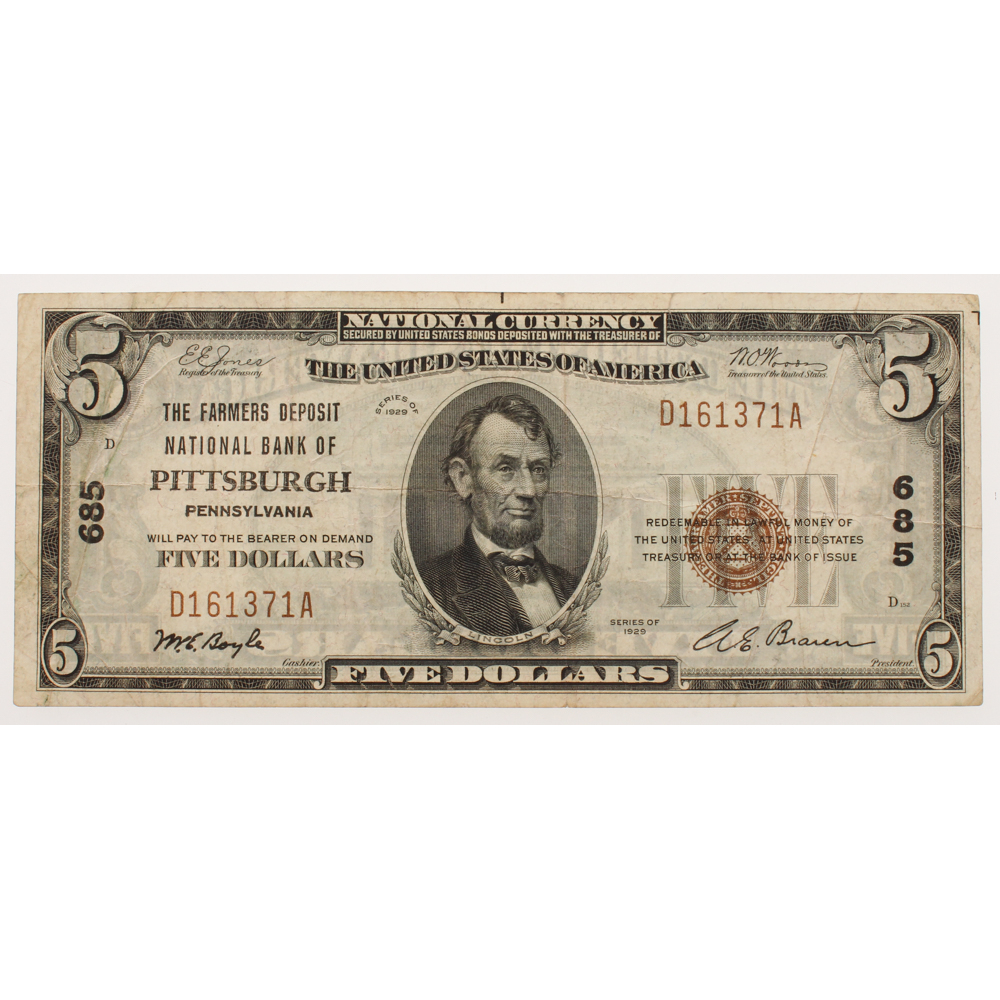 1929 $5 Five-Dollar U.S. National Currency Bank Note with Brown Seal ...
