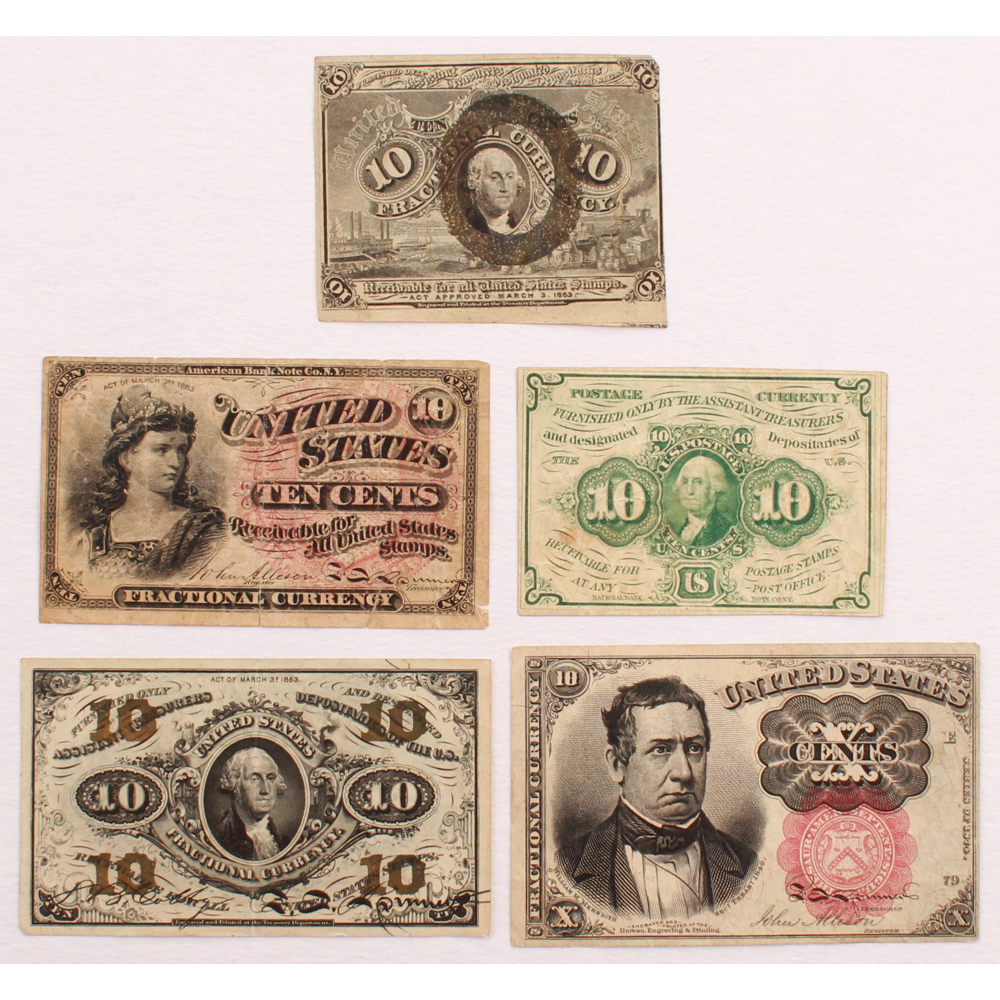Lot of (5) 1862-1874 United States 10¢ Ten Cents Fractional Bank Note ...