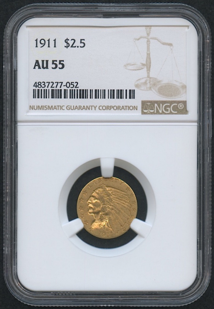 1911 $2.50 Indian Quarter Eagle Gold Coin (NGC AU 55) | Pristine Auction