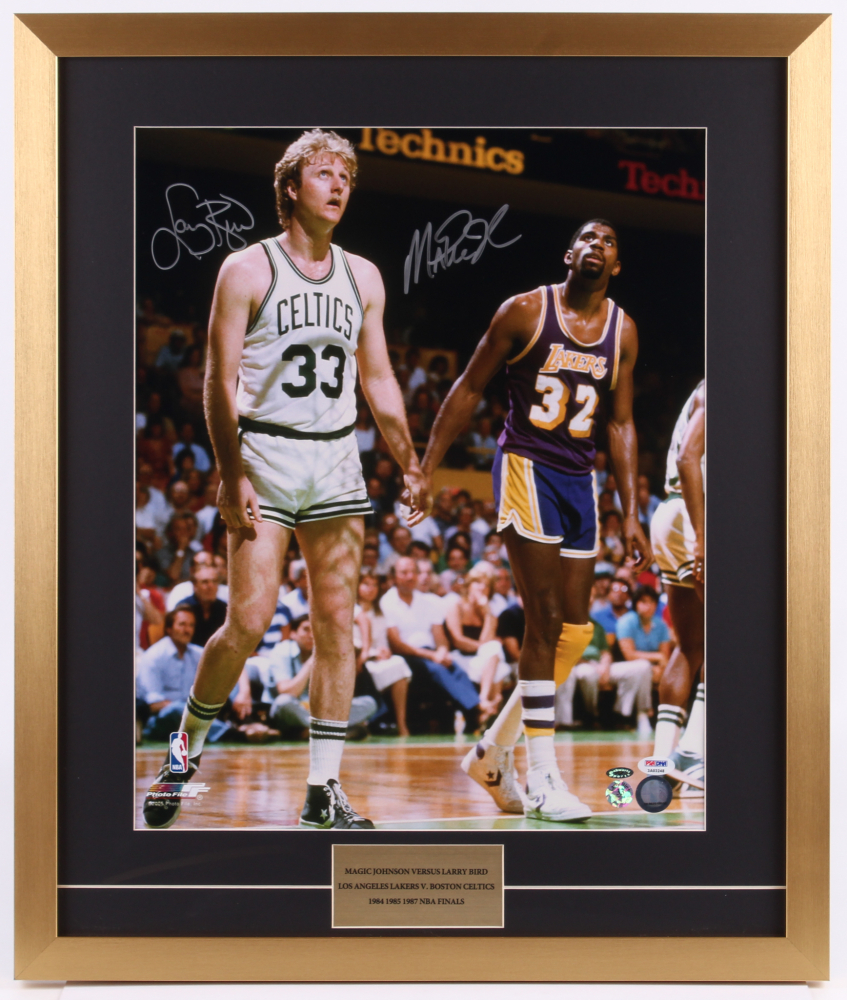 Magic Johnson & Larry Bird Signed 22x26 Custom Framed Photo Display (PSA COA, Bird Hologram ...