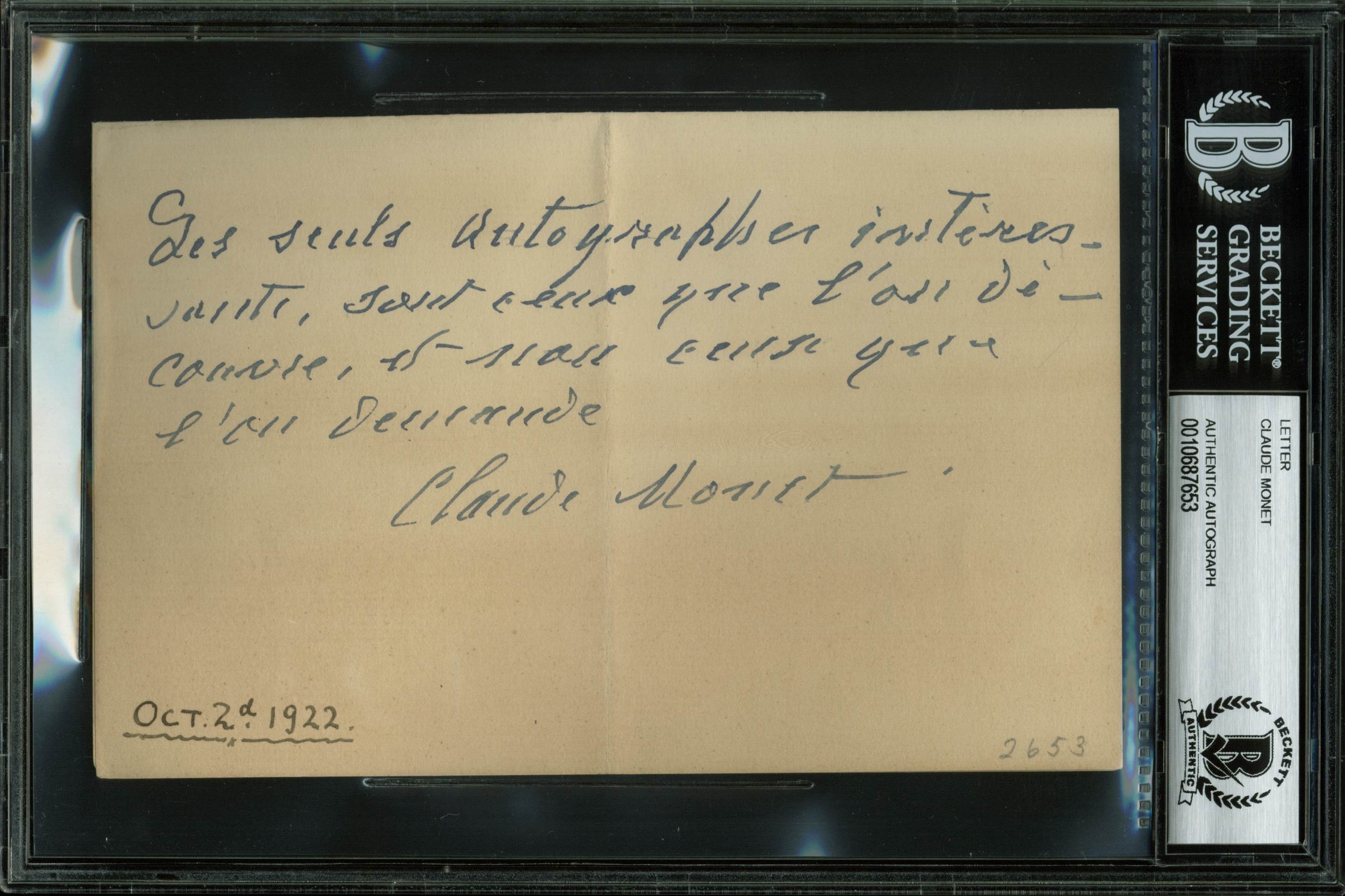 Claude Monet Signed 4.5x6.75 Handwritten Letter (BGS Encapsulated ...