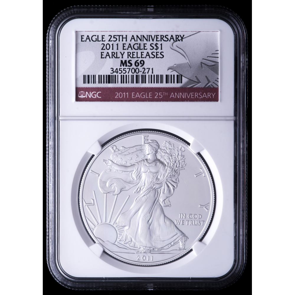 2011 American Silver Eagle $1 One Dollar Coin - Early Releases, 25th Anniversary (NGC MS69 ...