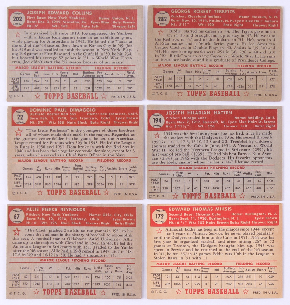 Lot of (6) 1952 Topps Baseball Cards with #282 Birdie Tebbetts, #194 ...