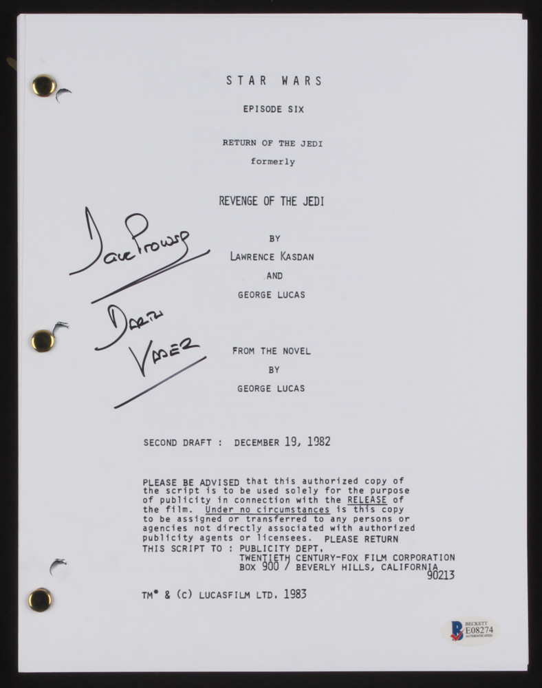David Prowse Signed "Star Wars: Return of The Jedi" Movie Script ...