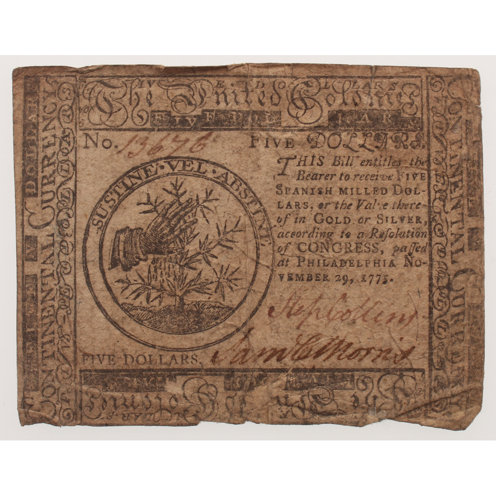 1775 $5 Five Dollars Continental Colonial Currency Note | Pristine Auction