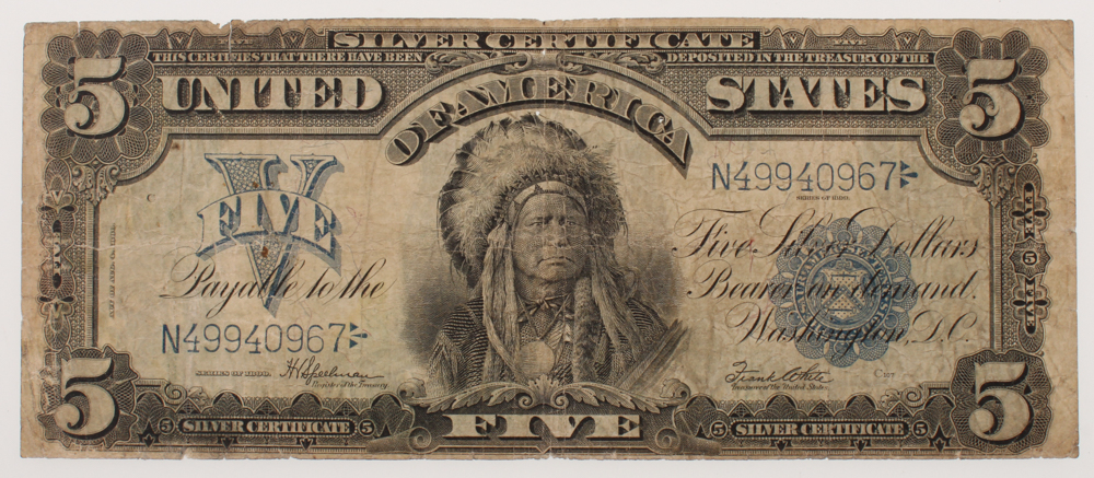 1899 $5 Five Dollars "Indian Chief" Silver Certificate Large Size Bank ...