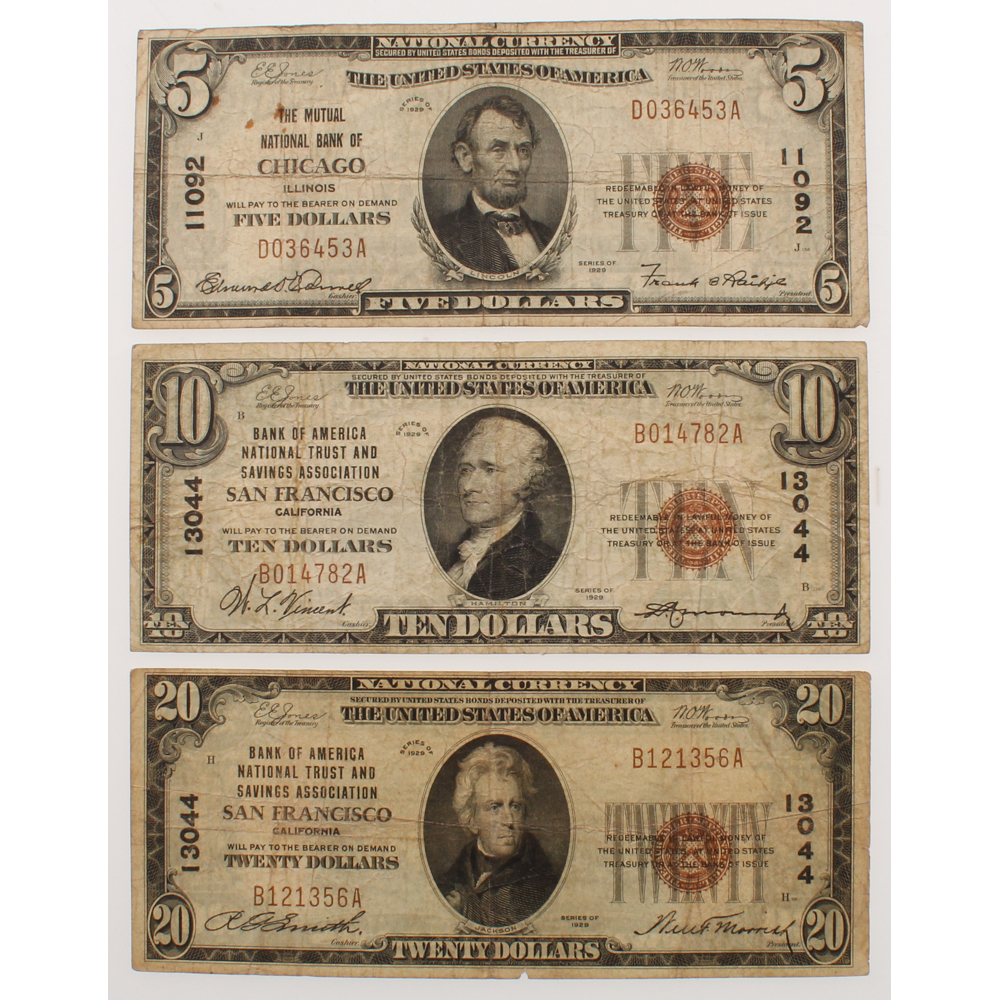 Lot of (3) 1929 U.S. National Currency Bank Notes with $20, $10 & $5 ...