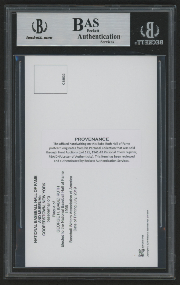 Babe Ruth Handwritten Word Gold Hall of Fame Post Card (BGS ...