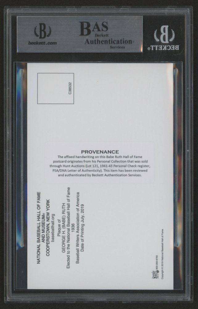 Babe Ruth Handwritten Word Gold Hall of Fame Post Card (BGS ...