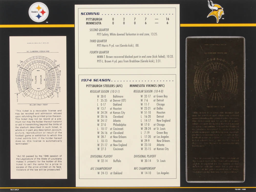 Super Bowl IX Commemorative Score Card with 23kt Gold Ticket | Pristine ...