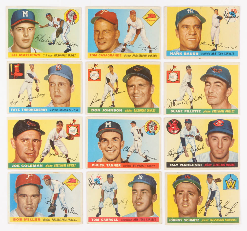 Lot of (12) 1955 Topps Baseball Cards with #159 Johnny Schmitz, #157 ...