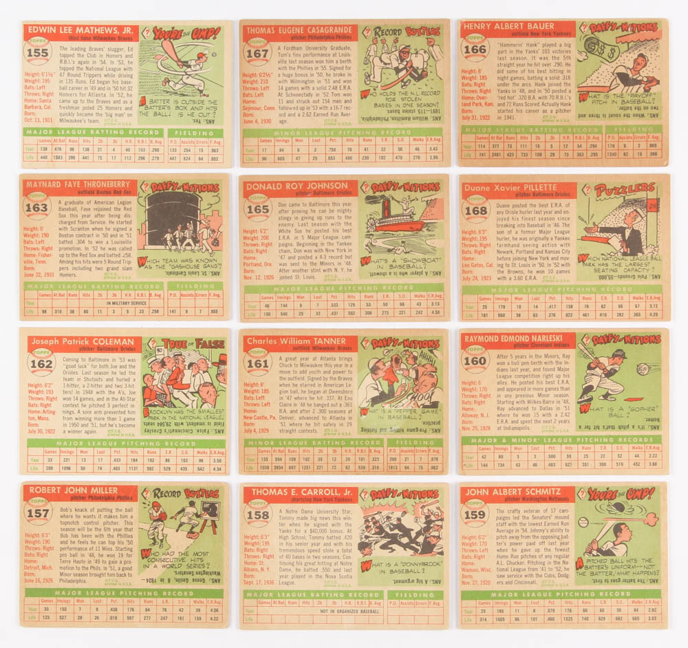 Lot of (12) 1955 Topps Baseball Cards with #159 Johnny Schmitz, #157 ...