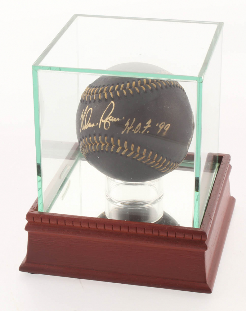 Nolan Ryan Signed OML Black Leather Baseball Inscribed "H.O.F. '99" with Display Case (PSA COA ...