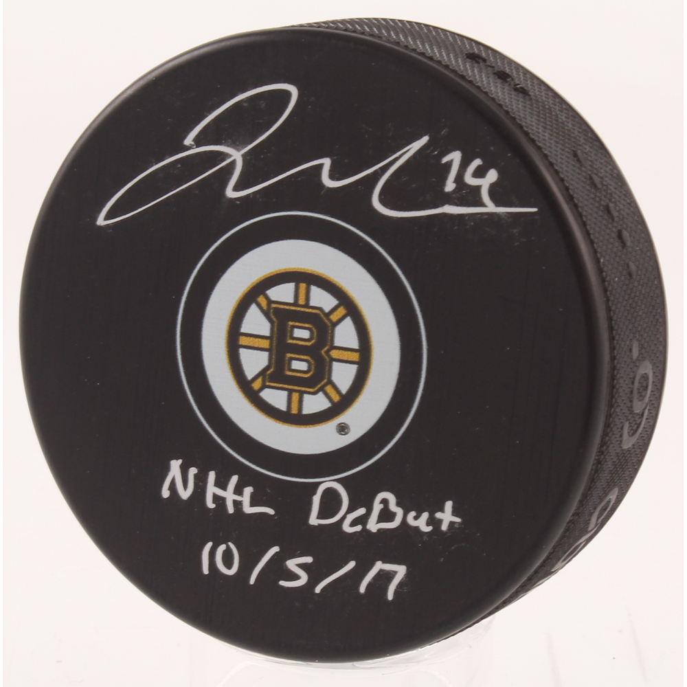 Jake Debrusk Signed Boston Bruins Logo Hockey Puck Inscribed "NHL Debut 10/5/17" (Beckett ...