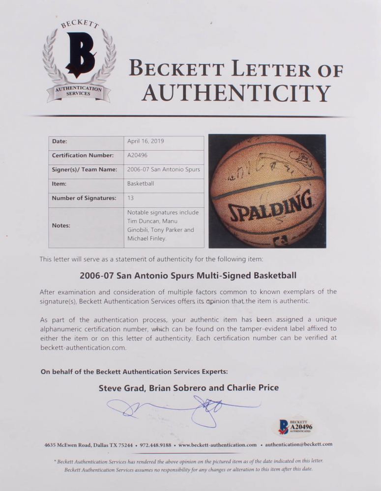 2006-07 San Antonio Spurs Basketball Team-Signed by (13) with Tim ...