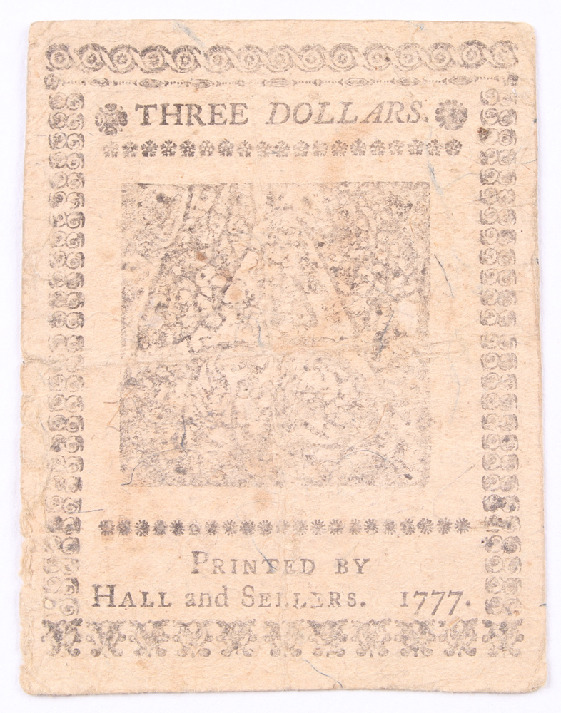 1777 $3 Three Dollars Continental Colonial Currency Note | Pristine Auction