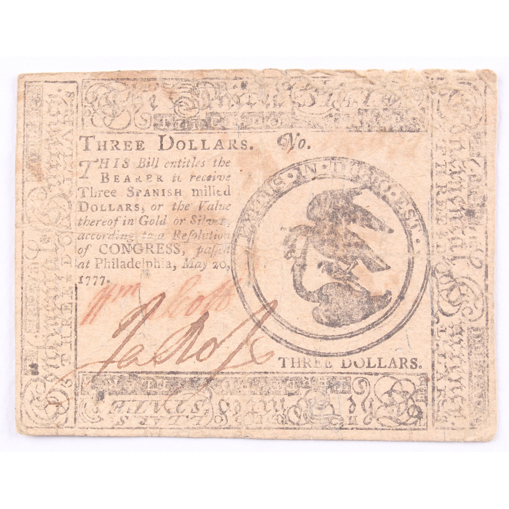 1777 $3 Three Dollars Continental Colonial Currency Note | Pristine Auction