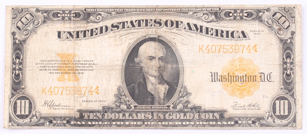 1922 $10 Ten Dollars U.S. Gold Certificate Large Size Bank Note ...