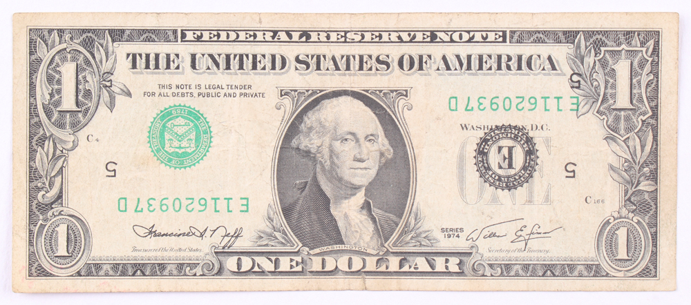 Error Note - Inverted Overprint 1974 $1 One-Dollar Federal Reserve Note ...