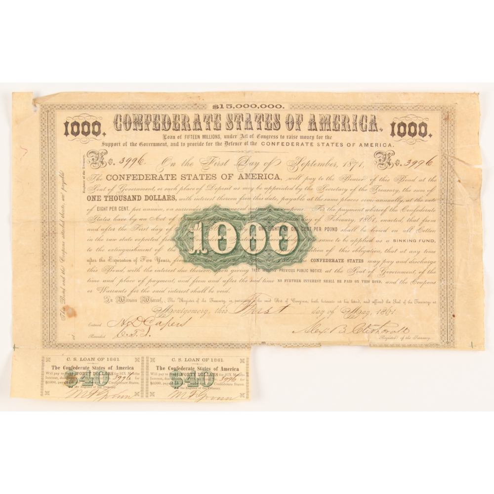 Authentic 1862 Confederate States of America $1000 One Thousand Dollar ...