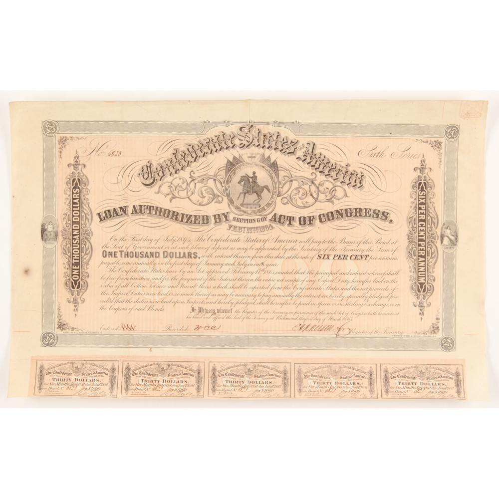 Authentic 1864 Confederate States of America $1000 One Thousand Dollar ...