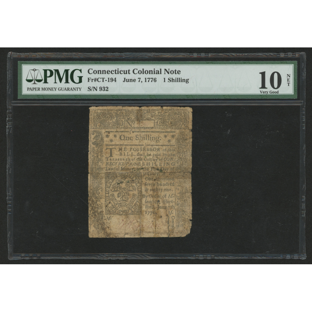 1776 1s. One Shilling Connecticut Colonial Currency Note - June 7th ...