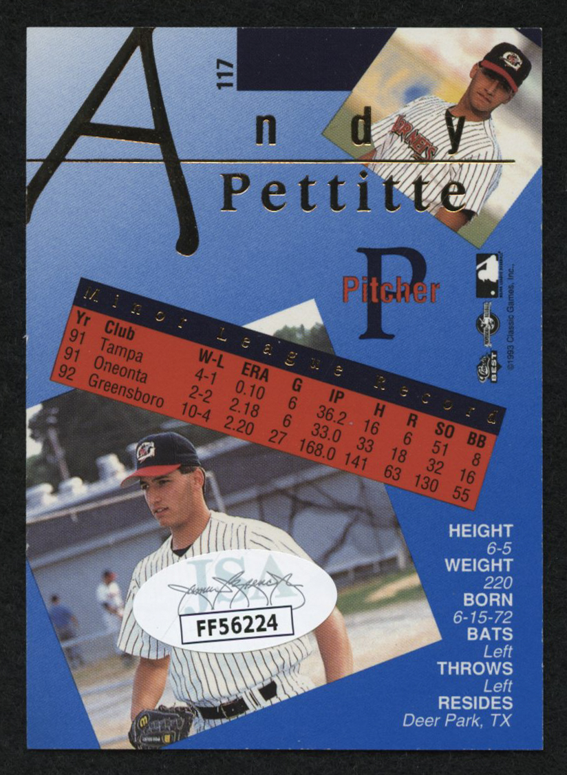 Andy Pettitte Signed 1993 Classic/Best Gold #117 (JSA COA) | Pristine ...