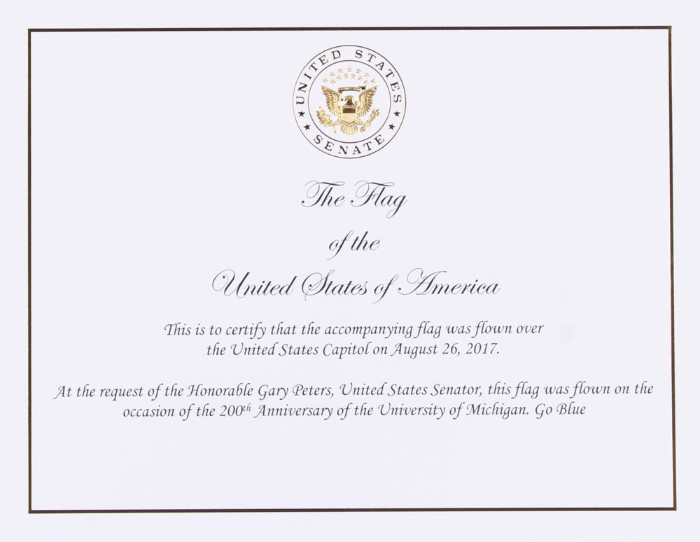 American Flag Flown Over the Capitol on August 26, 2017 (US Senator COA ...