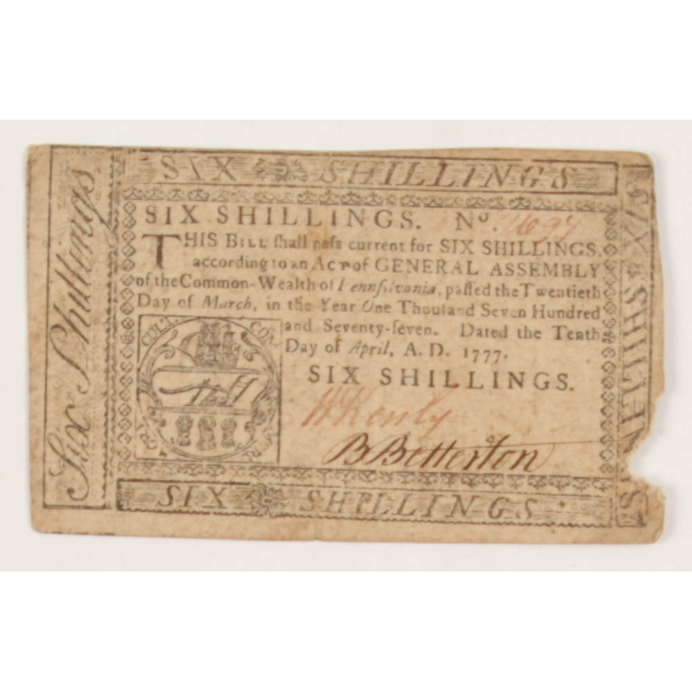 1777 Six Shillings Pennsylvania Colonial Currency Note | Pristine Auction